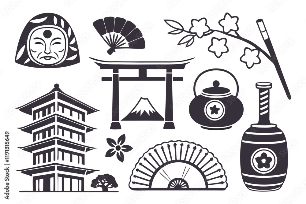 Japanese icons, traditional symbols, black and white, minimalist design ...