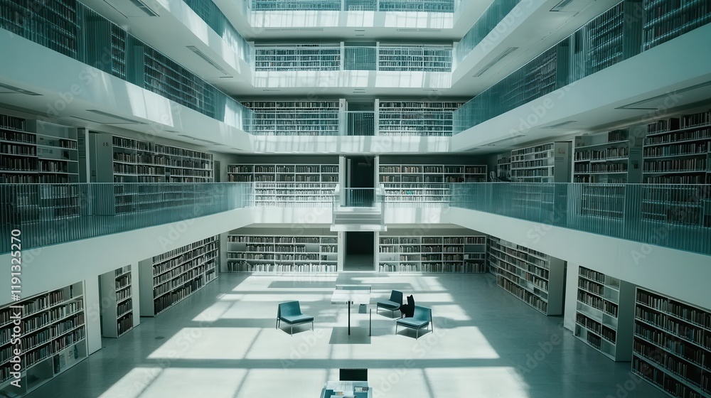 Foto de Stock Modern Library Interior with Large Open Space, Floor-to ...