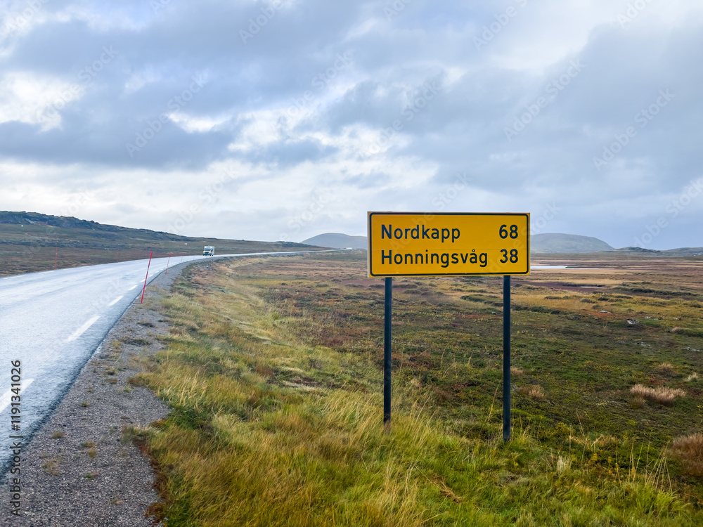 Northern norway road sign showing distances to nordkapp and honningsvåg ...