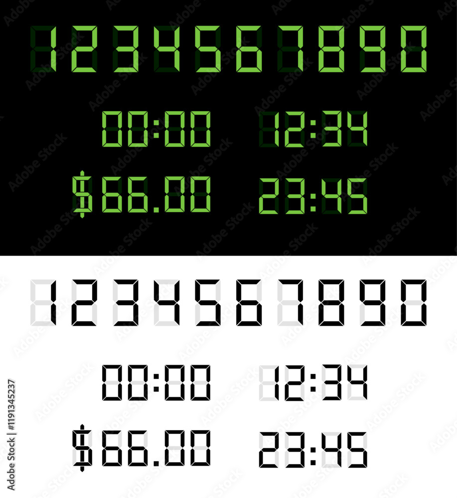 Neon digital number clock display with green light digits, designed for ...