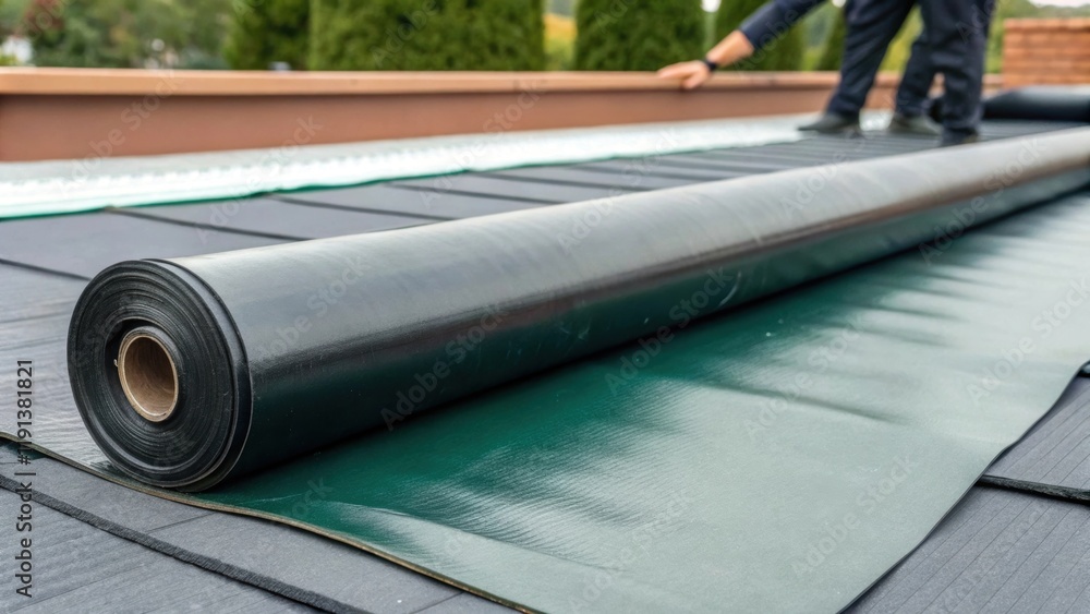 A closeup of flexible highgrade rubberized membrane being rolled out ...