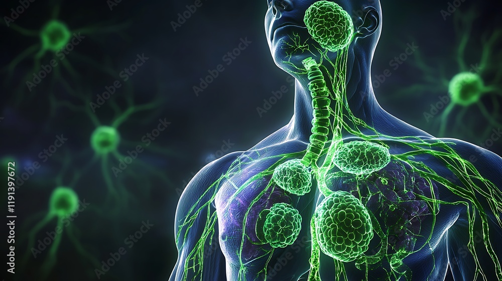 Artistic representation of the lymphatic system showing lymph nodes and ...