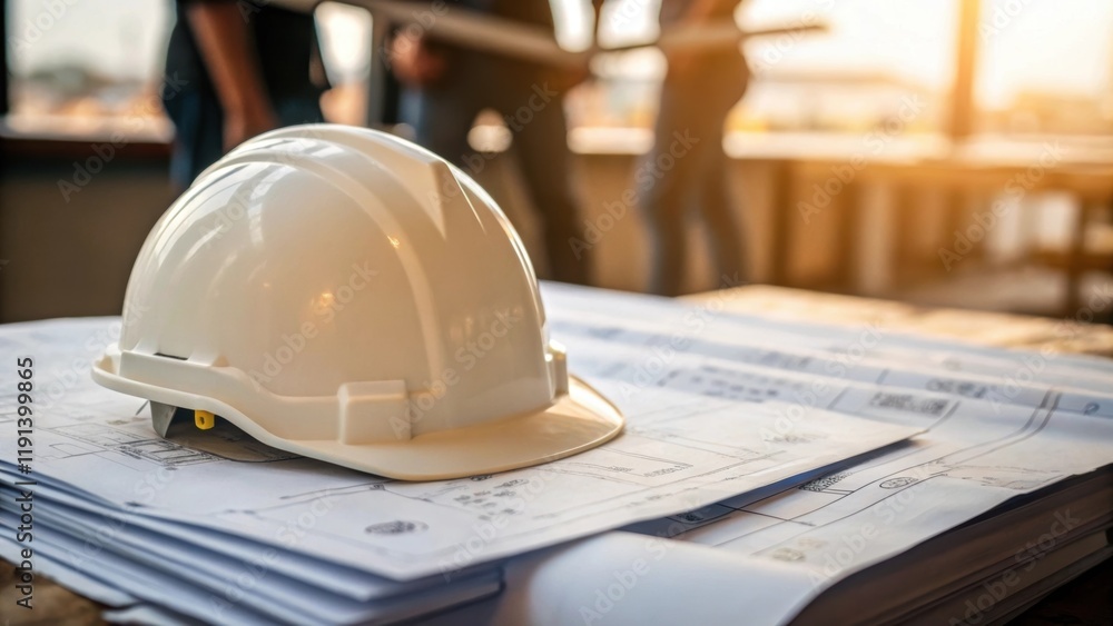 Closeup of a hard hat resting atop a stack of blueprints with dirt ...