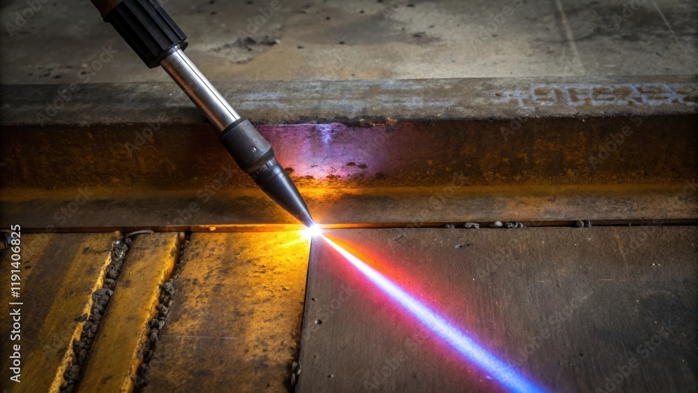 The sharp focused beam of a welding torch juxtaposed against a backdrop ...