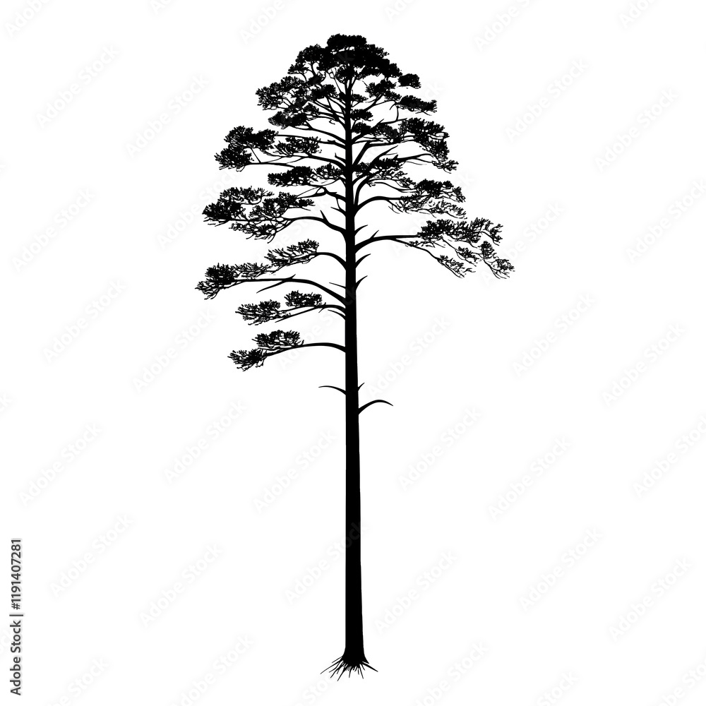 Minimalist black line art of a tall slender South Georgia pine tree The design is simple and ...