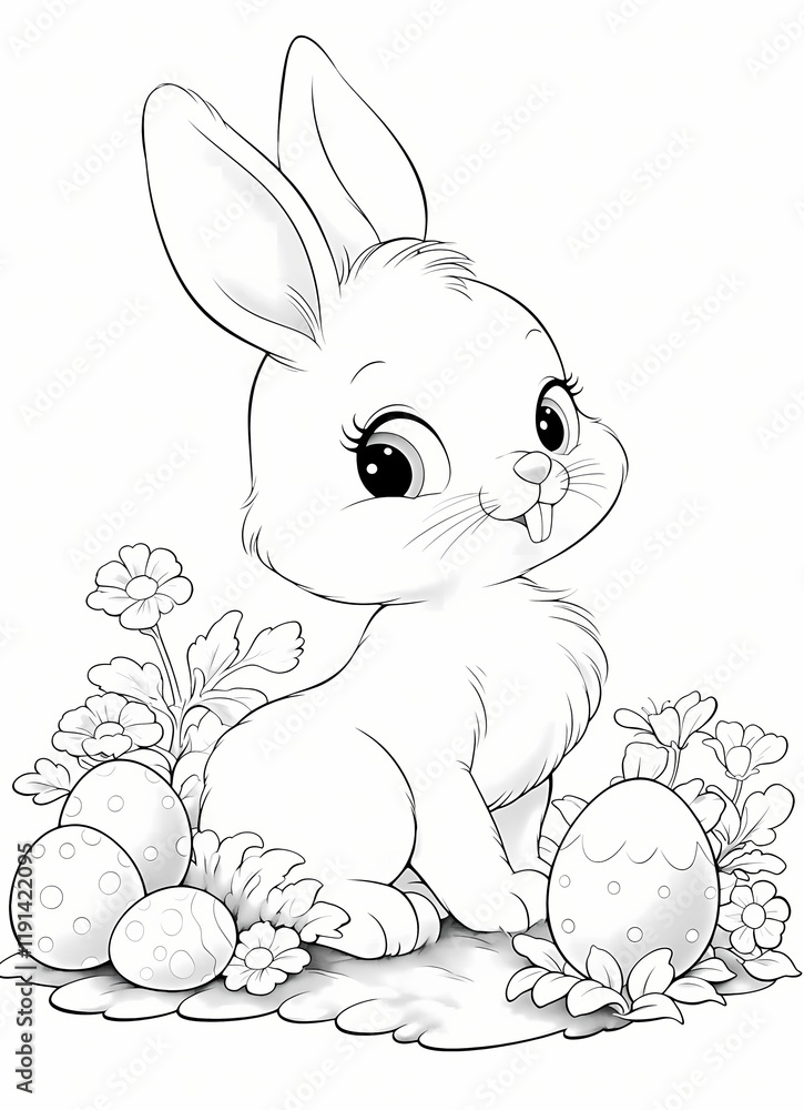 Easter celebration coloring page with adorable bunny surrounded by ...
