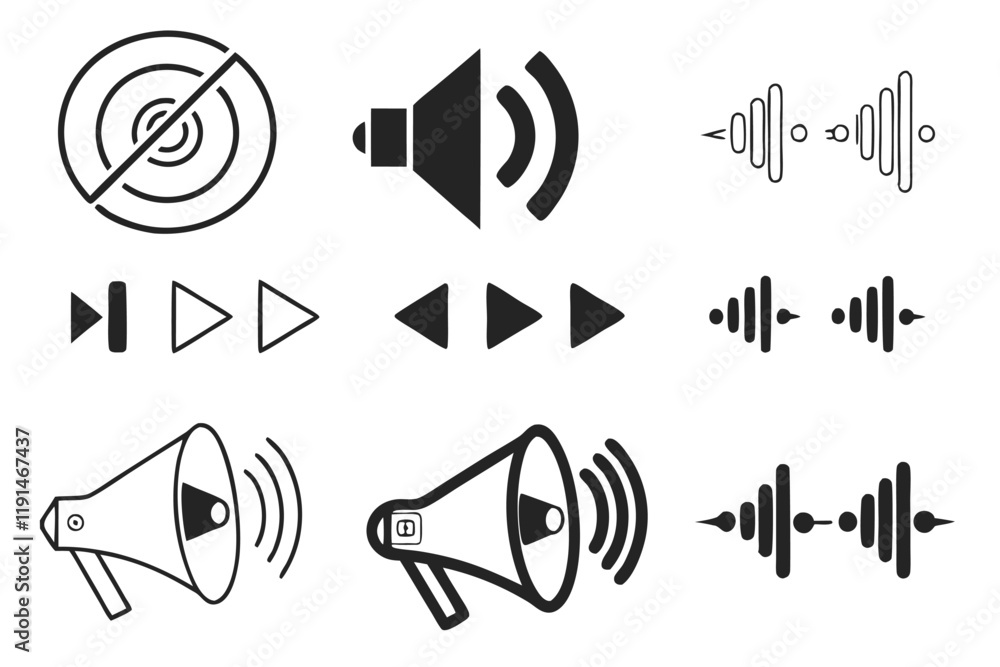 Minimalist speaker icons, black and white design, volume symbols ...