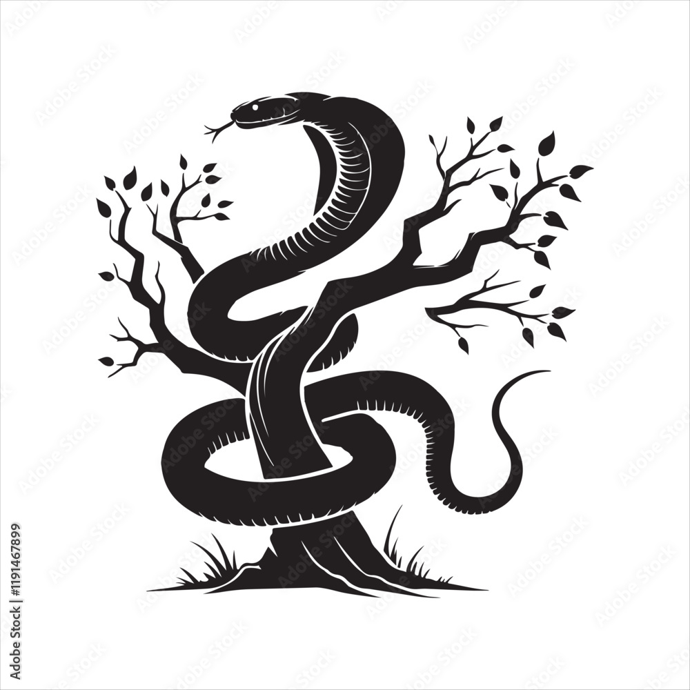 Snake coiled around a tree silhouette vector illustration clipart black ...