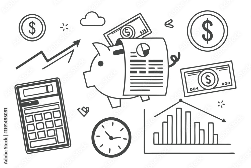 Money management icons, financial symbols, line art, black and white ...