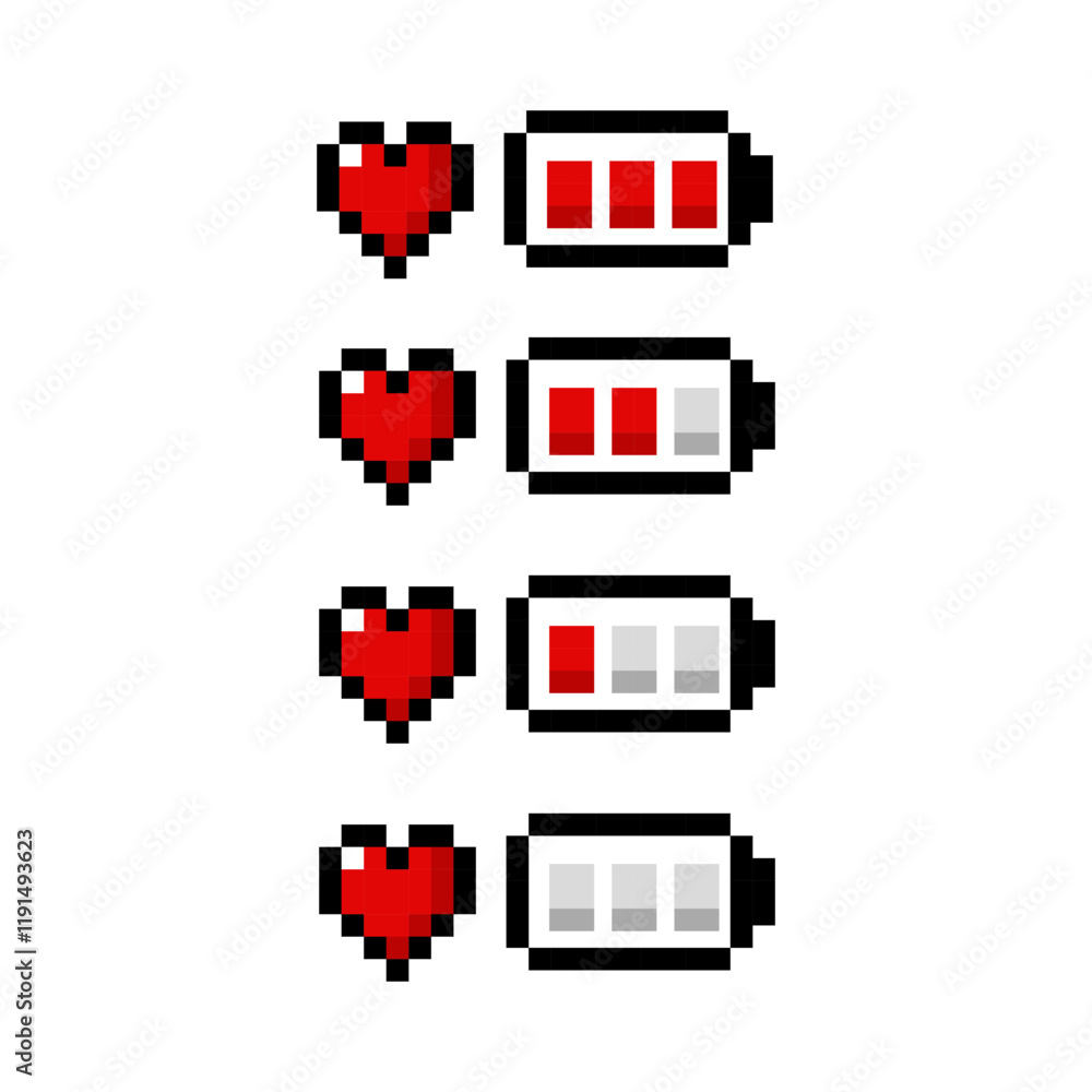 Set of battery Vector Icons Pixel art style, battery status ...