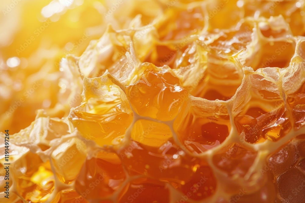Macro photography of fresh honeycomb dripping with golden honey ...
