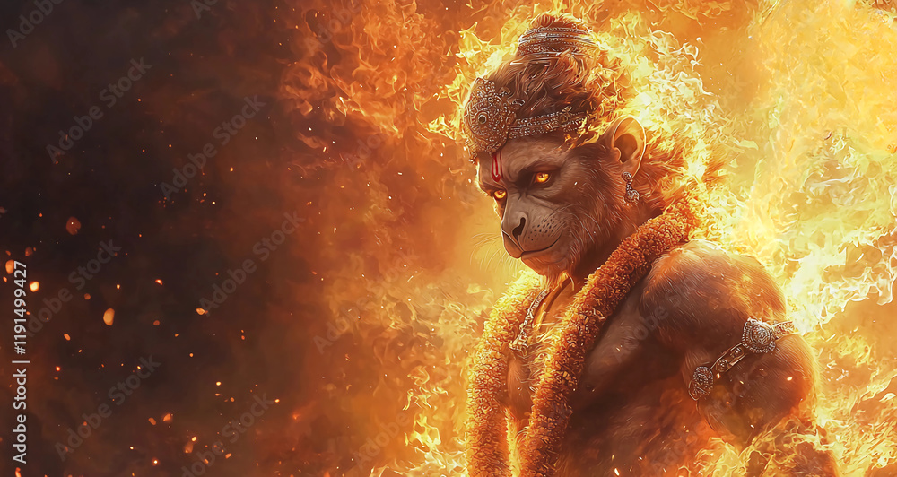 Stock image of intense Lord Hanuman emerging from blazing flames ...