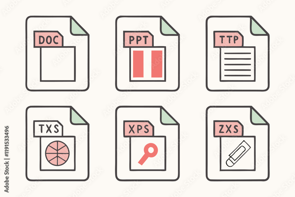 Simple file icons, minimalist design, colorful outlines, document types ...
