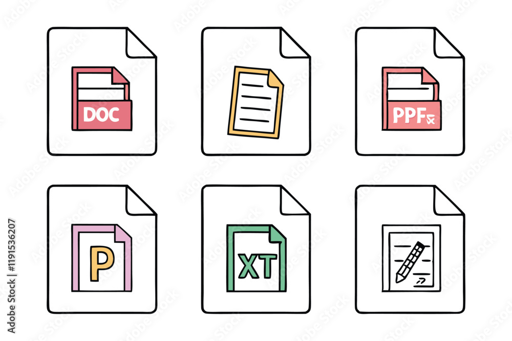 Simple file icons, minimalist design, colorful outlines, document types ...
