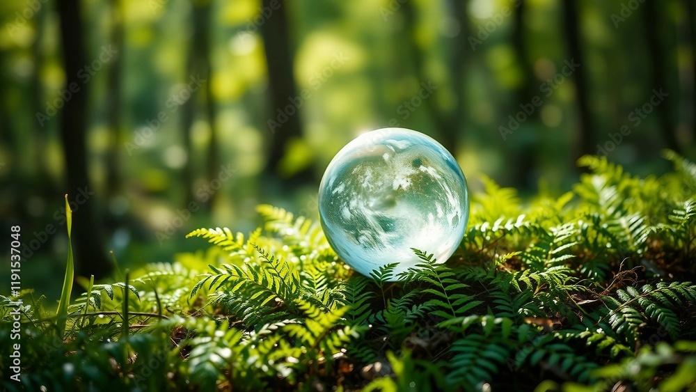 Crystal earth on ferns in green grass forest with sunlight Environment ...