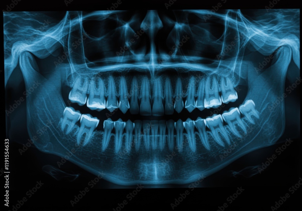 dental x-ray, panoramic view, human teeth and jaw, blue tinted ...