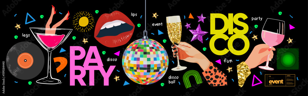 Vetor Bold disco party illustration with vibrant elements like a disco ...