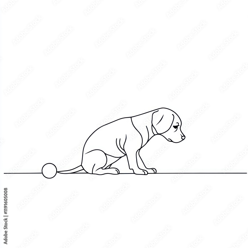 Sad puppy pooping outdoors, minimalist line art, white background Stock ...