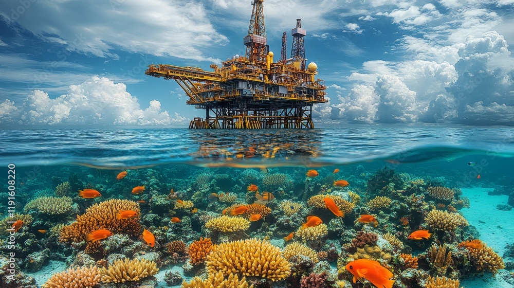 Rig platform situated in the Gulf showcasing vibrant underwater marine ...