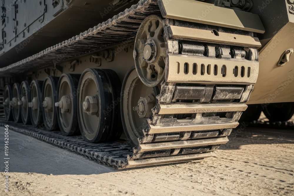 Military tank track on sandy terrain in bright daylight showcasing ...