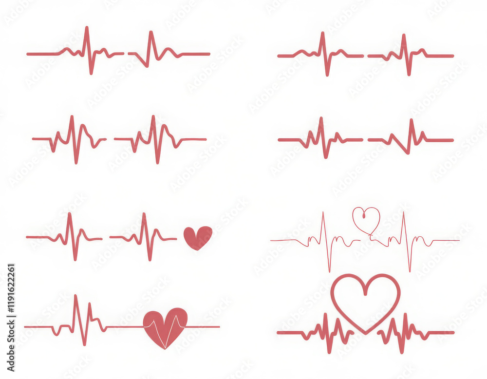 heart rhythm set, Electrocardiogram, ECG - EKG signal, Heart Beat pulse ...