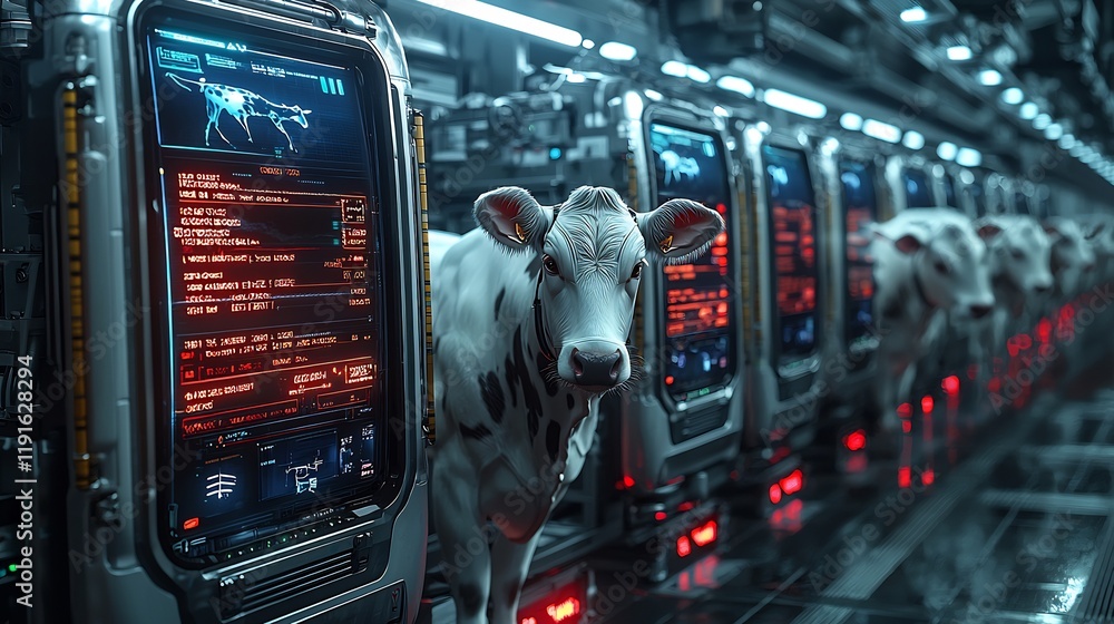 Futuristic dairy farm with cows monitored by AI health trackers each ...