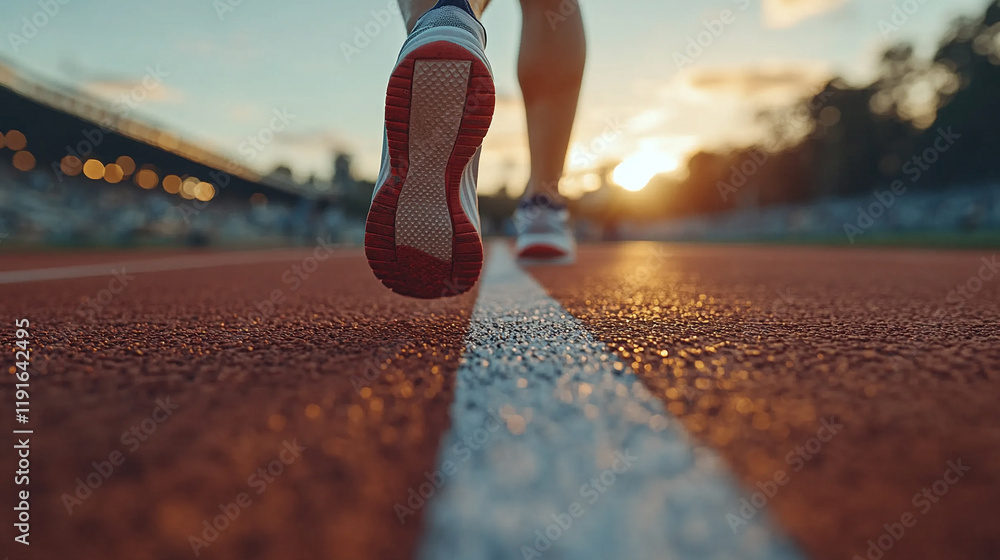 Focus on the back of a running shoe as an athletic female runner trains ...