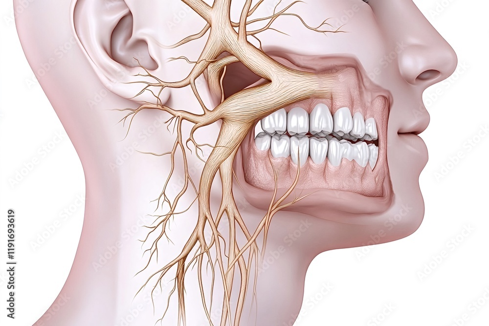 Medical illustration showing the branches of the trigeminal nerve ...