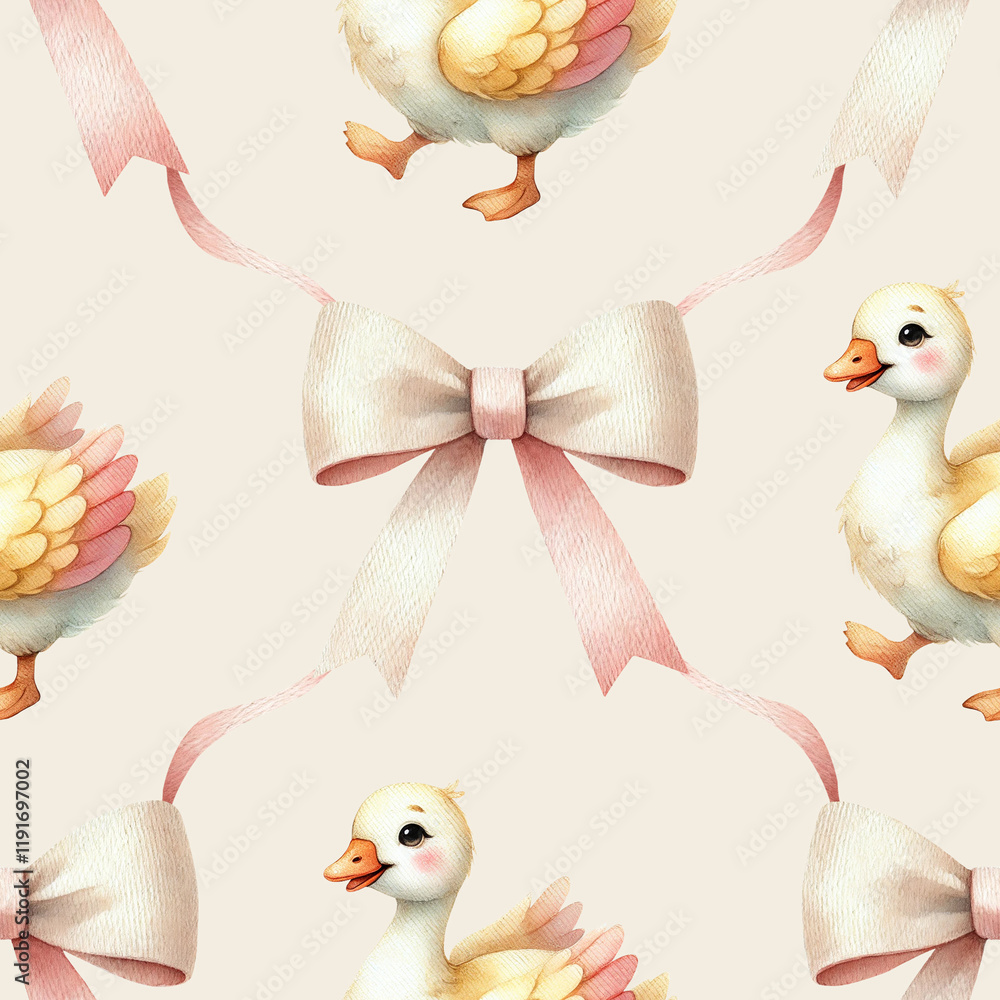 Watercolor seamless pattern of cute little duck and pink bow with ...
