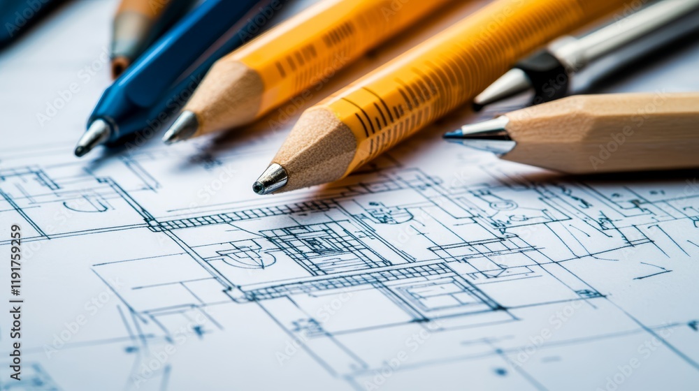Precision drafting tools, pencil and ruler on blueprint for ...