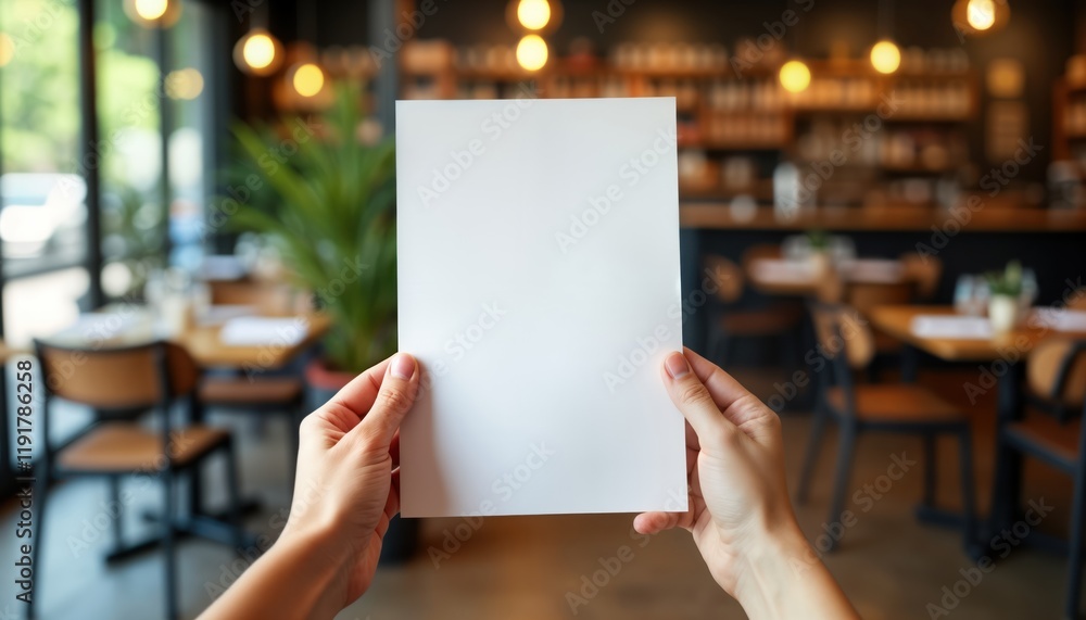 Person holds blank restaurant menu mock-up. Empty paper sheet ready for ...