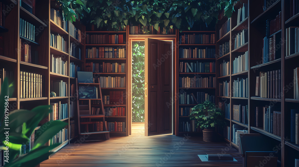 Vintage setting library book room with a door escaping portal ...