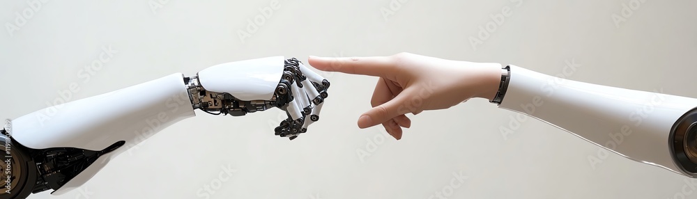 Human and robot index fingers touching, symbolizing AI partnership ...