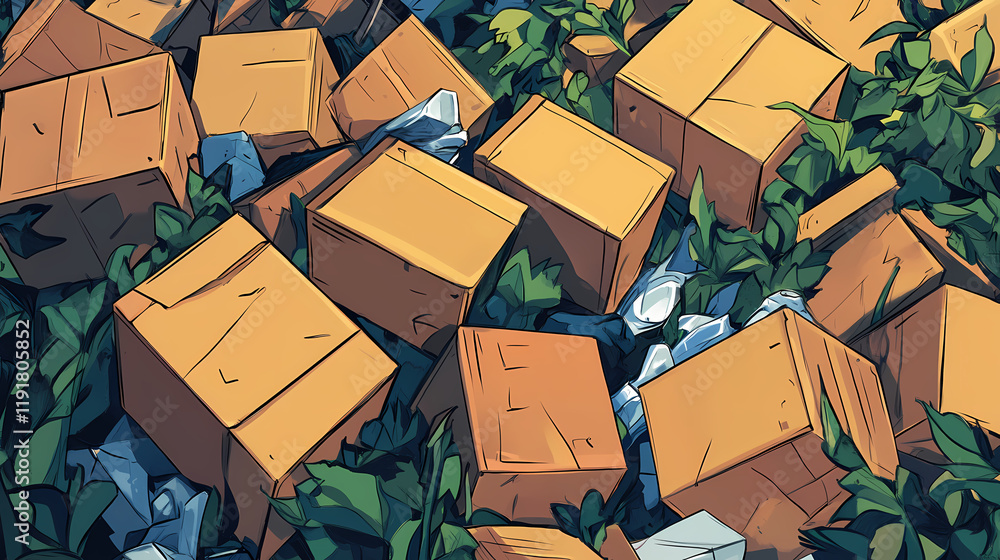 Cardboard boxes buried in a mountain of trash. Shadowfern. Illustration ...