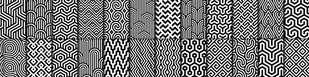 Vector set of 24 geometric linear patterns. Collection of seamless ...
