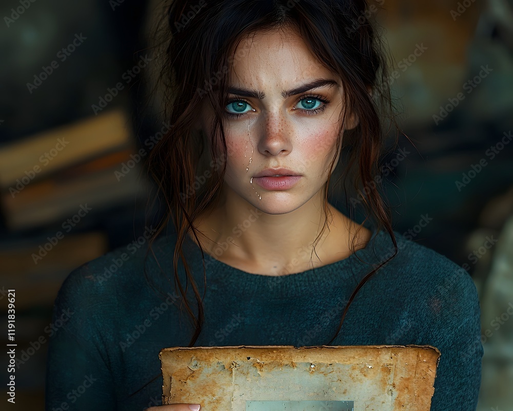 Sorrowful Woman Holding Photograph With Tear in Pensive Gaze Emotional ...