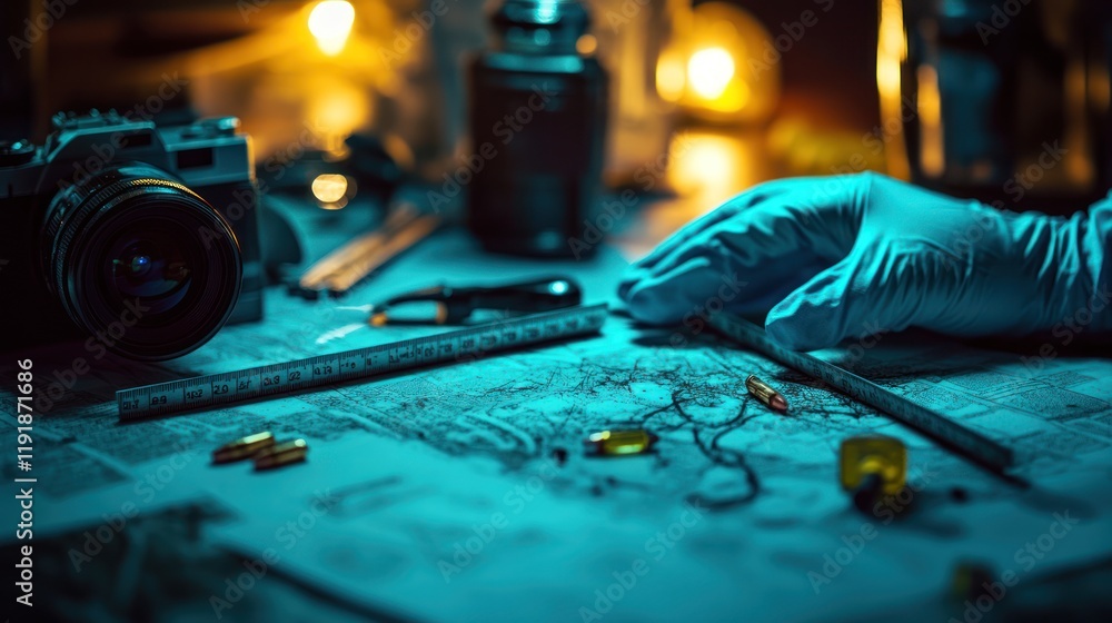 Gloved hand measures crime scene map with ruler, camera, bullets, and ...