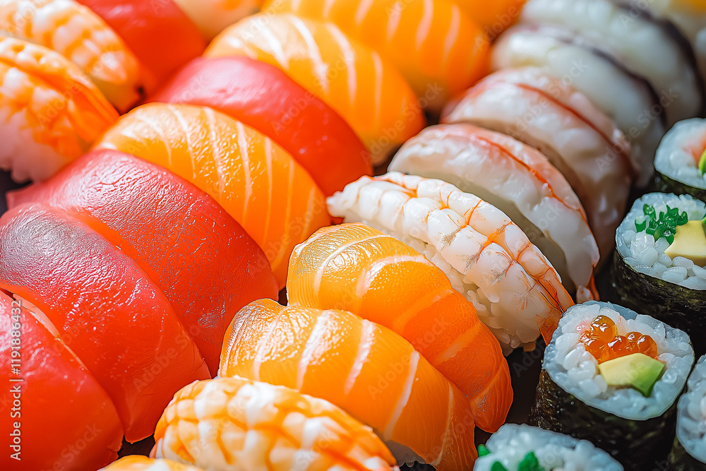 Food - Japanese Assorted Sushi and Sashimi displayed in catering area ...