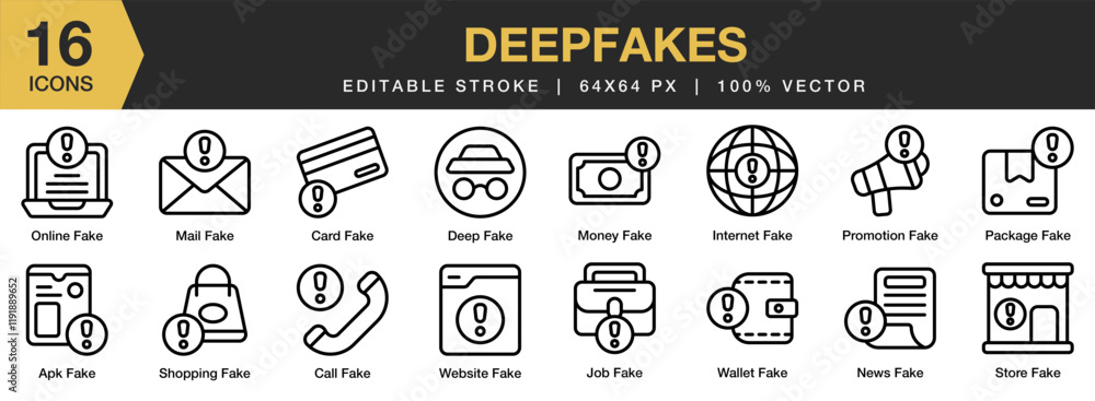 Deep Fakes icon set. Editable Stroke Icon Collection. Includes ...
