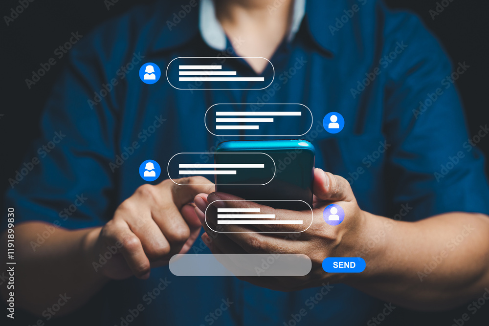 Close-up of hands texting on smartphone with holographic chat interface ...