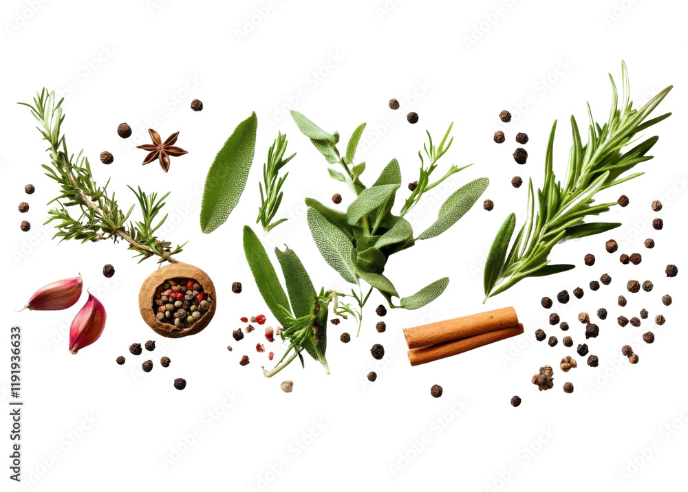 fresh mediterranean herb and spices with real transparent shadow ...