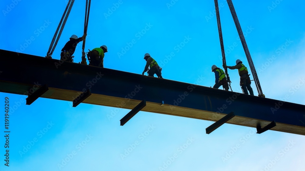 A dynamic image of construction workers assembling steel beams under a ...