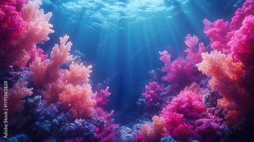 Dynamic underwater background with bold coral shapes and glowing ...