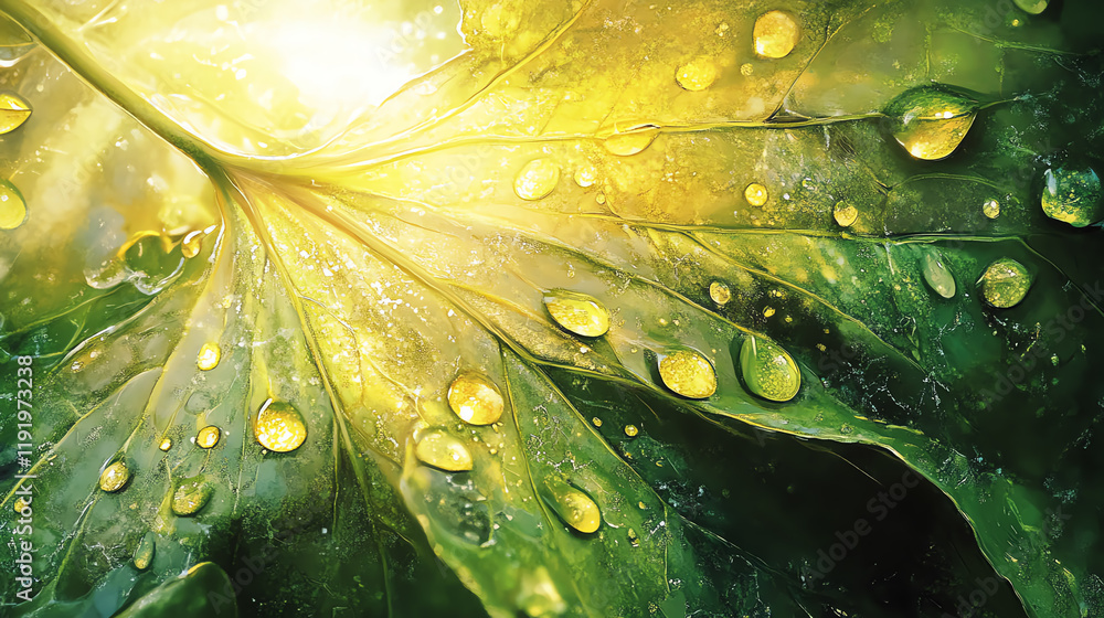 Radiant sunlight energizing leaf surfaces as water evaporates, glowing ...