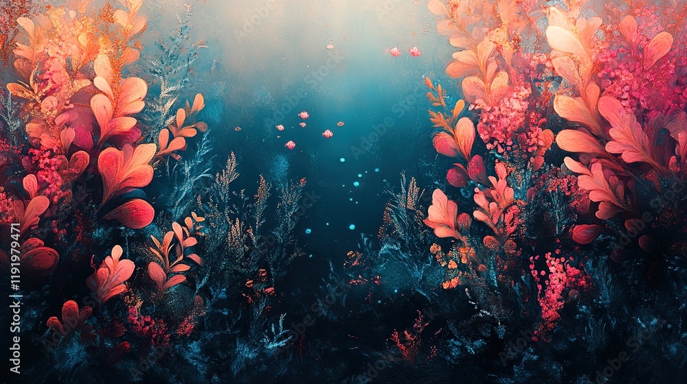 Abstract underwater patterns with bold bioluminescent accents and coral ...