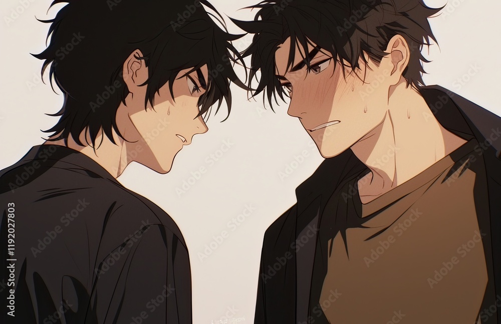 Two male anime characters with romantic tension, one with black hair ...