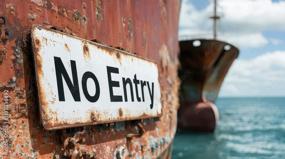 Old no entry sign on rusty cargo ship docked at port. Prohibition sign ...