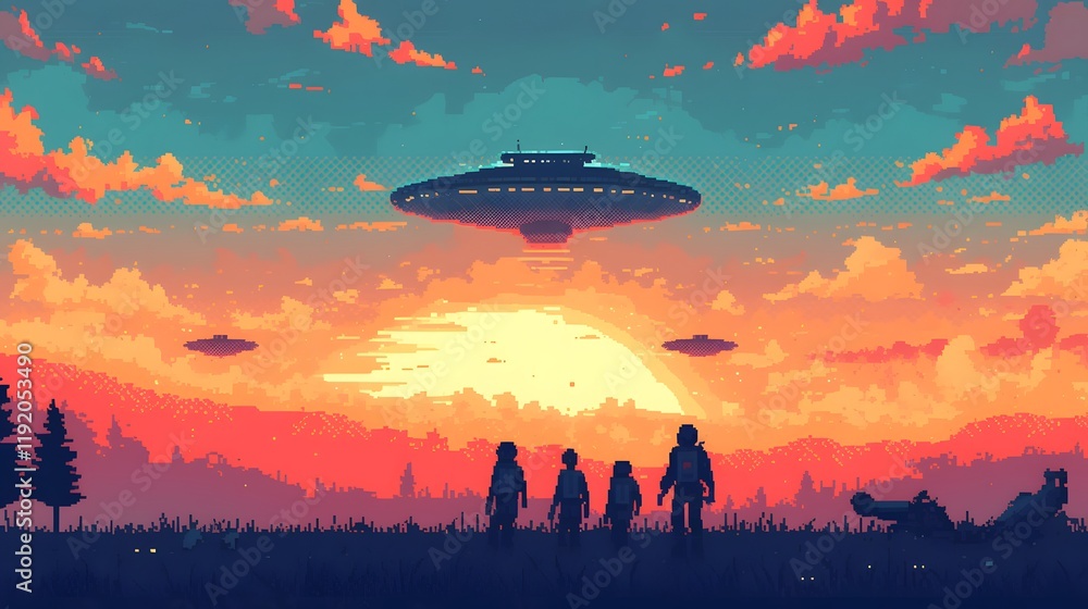Pixel art depiction of an alien invasion, using vintage graphics, with ...