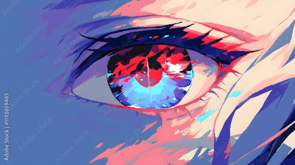 Pixel art of a blue eye with red veins, rendered in a vibrant design ...
