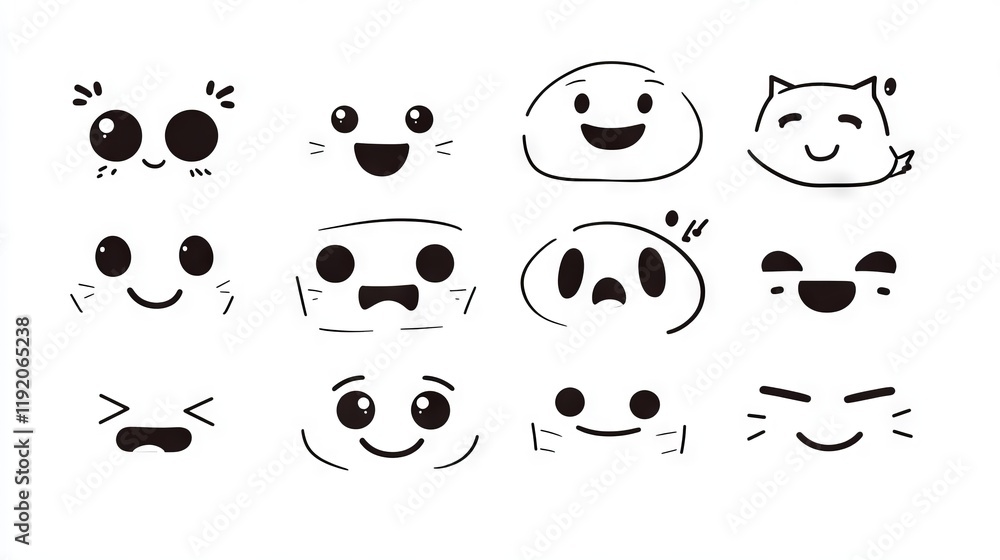 minimalist emoticon set, kawaii drawing style, japanese cute faces ...